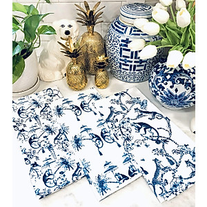 All Day Soirée Chinoiserie Designer Kitchen Tea Towels 3 Pack 100% Absorbent Cotton Tiger Monkey Floral Hand Towel Large Dish Cloth Set Blue White