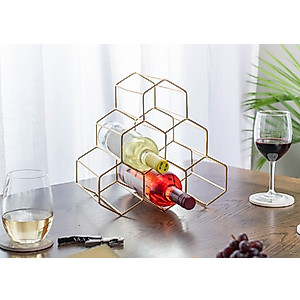NAT & Jules Honeycomb Gold Tone Iron Metal Tabletop Wine Rack - Holds 6 Bottles