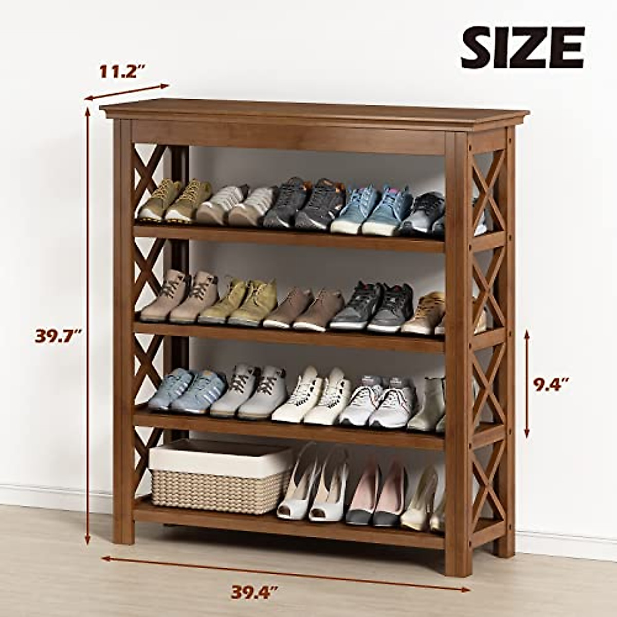 Bamworld Shoe Rack 5 Tier Wooden Storage Benches Rustic Solid Wood Free Standing Shoe Shelf for Entryway Hallway (R-Brown,39.4")