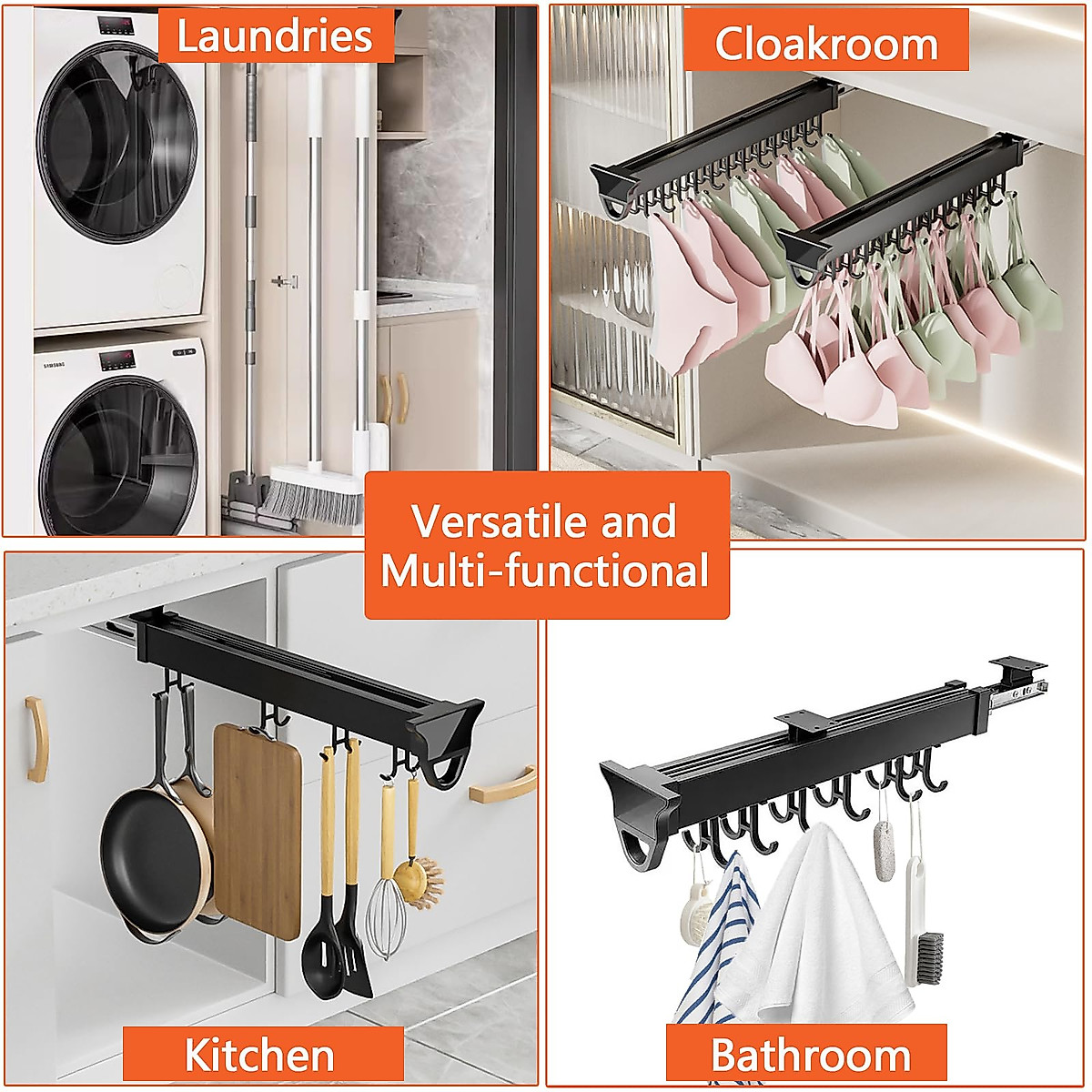 Pull Out Mop And Broom Holder, Laundry Room Organization And Storage, Garage Organization Hooks, Closet Pull Out Storage Organizer, Garden Tool Organizer For Home Kitchen Garden (16.17in-14 hook)