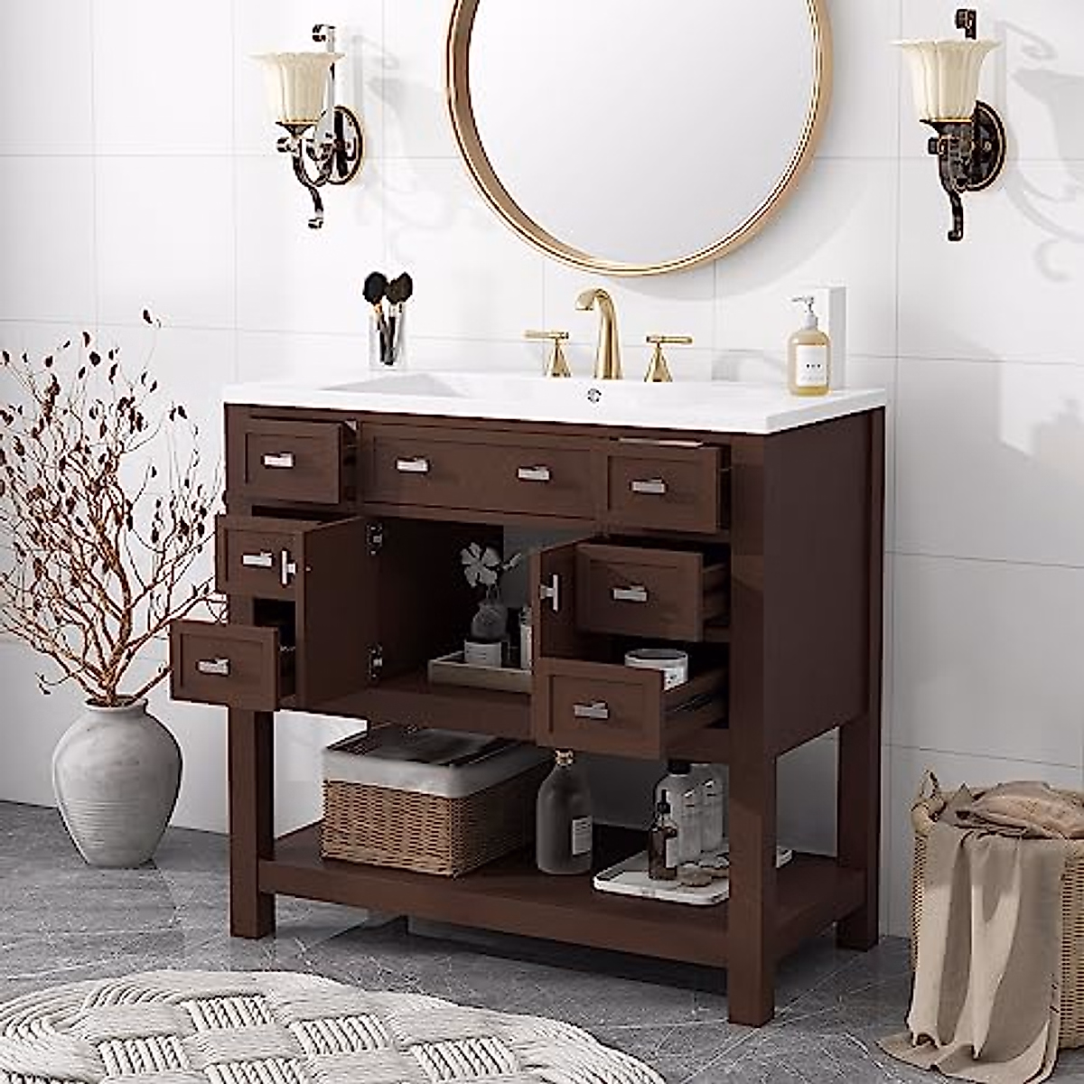 VKKILPEE 36'' Freestanding Bathroom Vanity Set Bathroom Vanity with Top Sink, Bath Vanity Storage Cabinet with 6 Drawers & 2 Soft Closing Doors, Modern Bathroom Vanity and Sink Combo, Brown