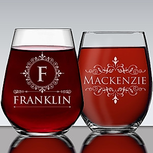 The Wedding Party Store, Personalized 15oz Stemless Wine Glass - Custom Engraved with Any Name and Initial