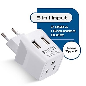 Ceptics Europe Travel Adapter Plug Set Schuko - with 2 USB + USA Socket Input - Type E/F and Type C - Ultra Compact - Safe Grounded Perfect for Cell Phones, Laptops, Camera Chargers (CTU-9-9C-PK)