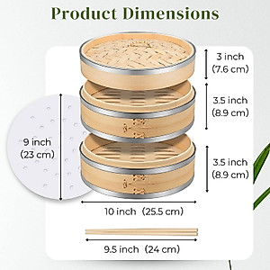 Flexzion Bamboo Steamer Basket Set (10 inch) with Stainless Steel Banding, 50 x Steamer Liners and 2 Pairs of Chopsticks, Steam Baskets for DimSum Dumplings, Rice, Vegetables, Fish and Meat