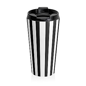 Black White Striped 15oz Stainless Steel Travel Mug, Screw on Lid Tumbler.
