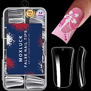 Moxluck Full Cover Duck Nail Tips,Clear Curved False Nail Tips 120Pcs Duck Acrylic Nails, Wide Short French Fake Nails For Extensions Home DIY Nail Tips Art 12 Sizes