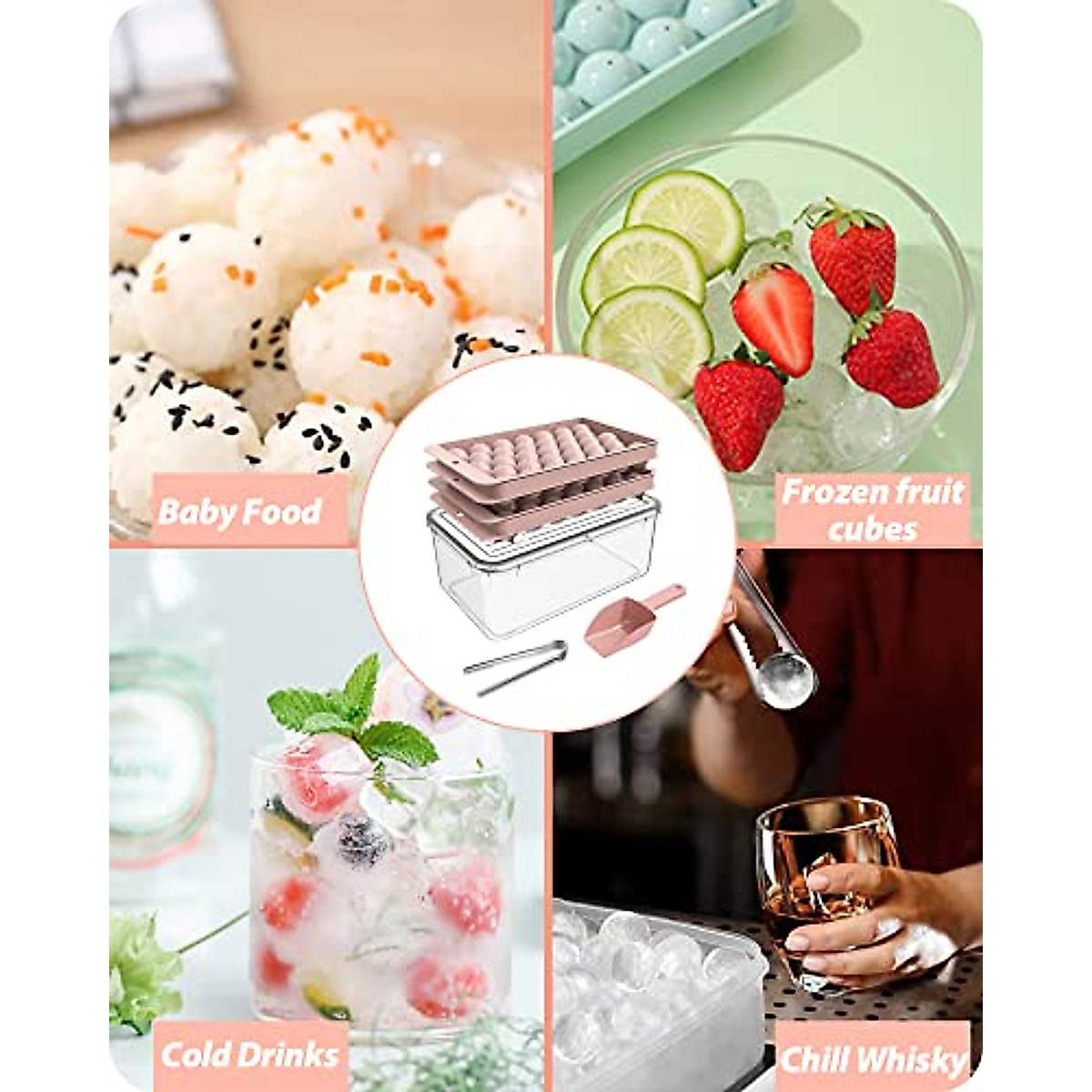 ICEDIVER Ice Cube Tray, Round Ice Trays for Freezer with Lid and Bin, Circle Ice Mold Making 66 x 1.0IN Small Ice Balls,Sphere Ice Makers with Ice Buckets Tongs & Scoop (Pink)