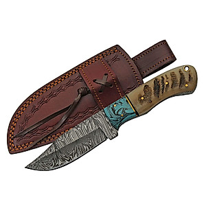 Szco Supplies 8.25" Ram Horn Handle Damascus Steel Turquoise Hunting Knife with Leather Sheath