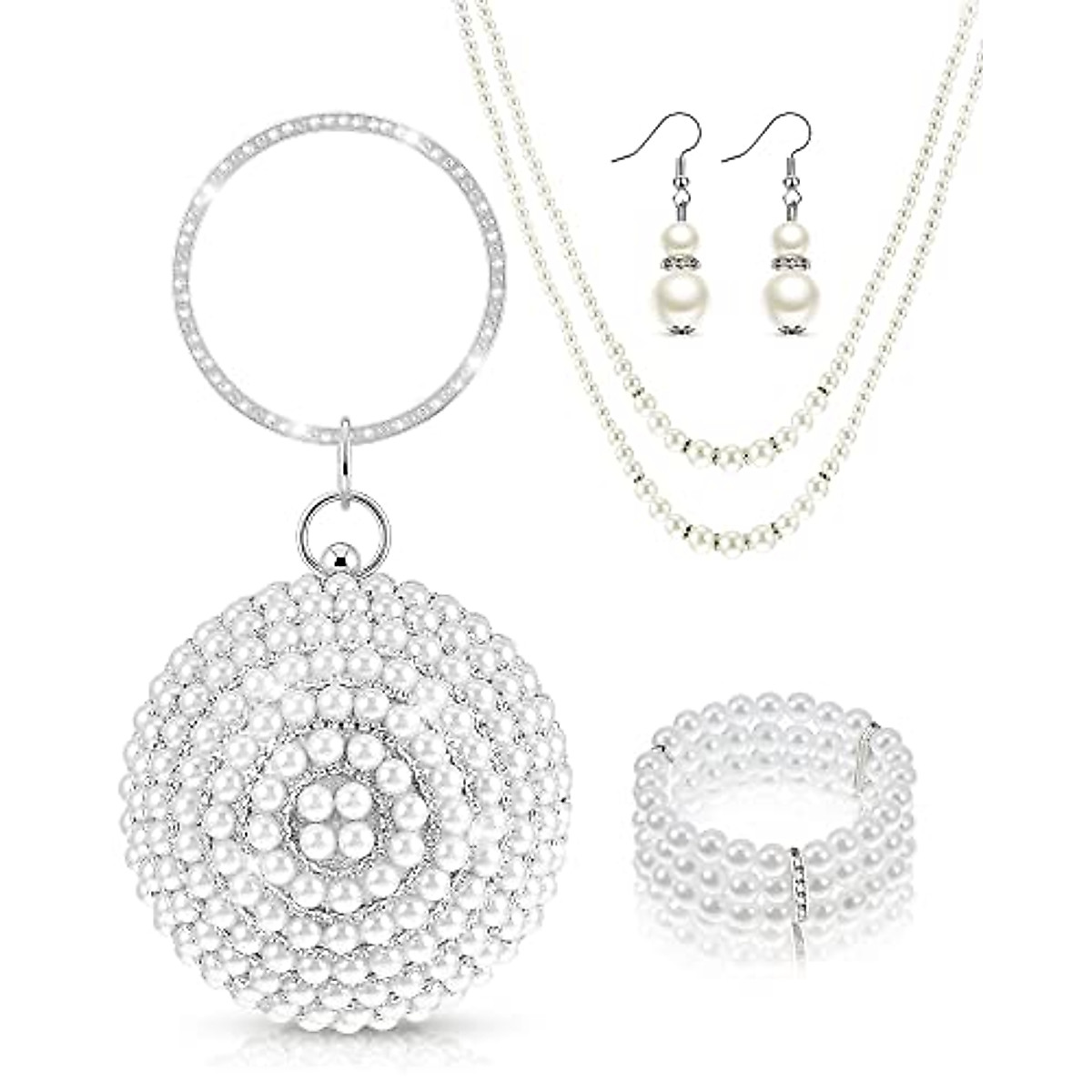 4 Pcs Faux Pearl Evening Clutch Purse Round Ball Silver Rhinestone Bag Pearl Jewelry Set for Women Evening Wedding Artificial Pearl Handbag
