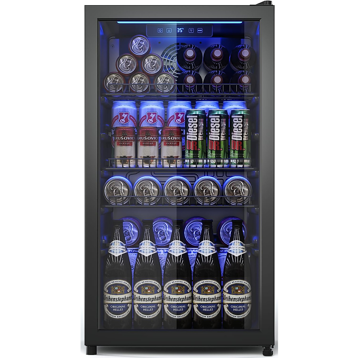 3.2 Cu.Ft Beverage Fridge, Mini Fridge With Glass Door, Beverage Cooler Refrigerator, Wine Drink Beer Fridge, Adjustable Shelves & Digital Temperature Display, 26 Bottle 128 Can