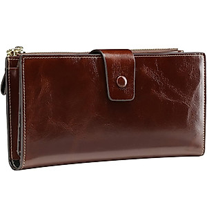 Itslife Womens Wallet RFID Blocking Large Capacity Luxury Wax Genuine Leather Wallets Clutch Wallet Ladies Card holder, Coffee