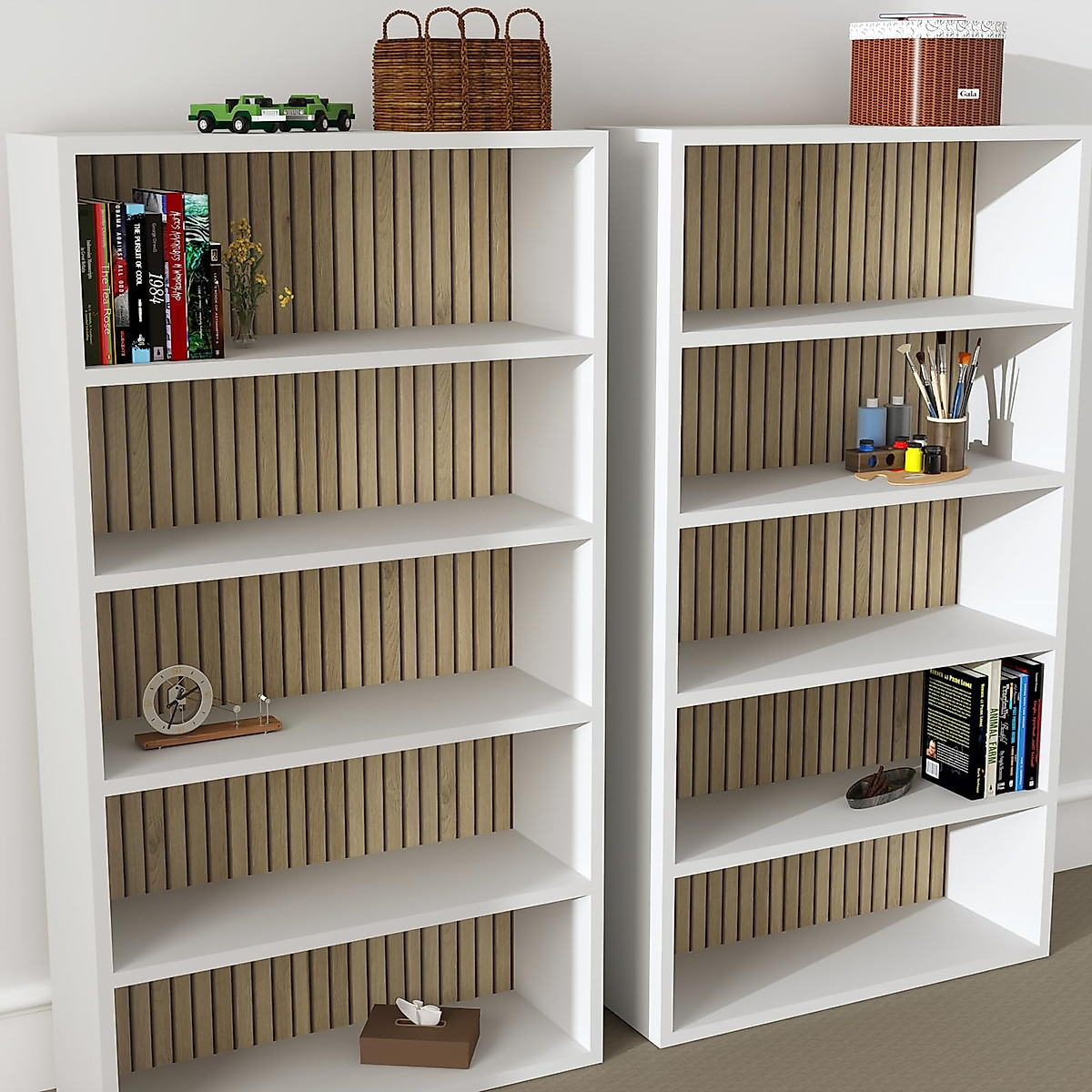 Decotalk Wood Slat Wallpaper Peel and Stick Wood Contact Paper 17.7"x120" Wood Slat Wall Panel Wallpaper Removable Brown Slat Wood Wallpaper for Bedroom Slat Wood Contact Paper for Cabinets Slat Look