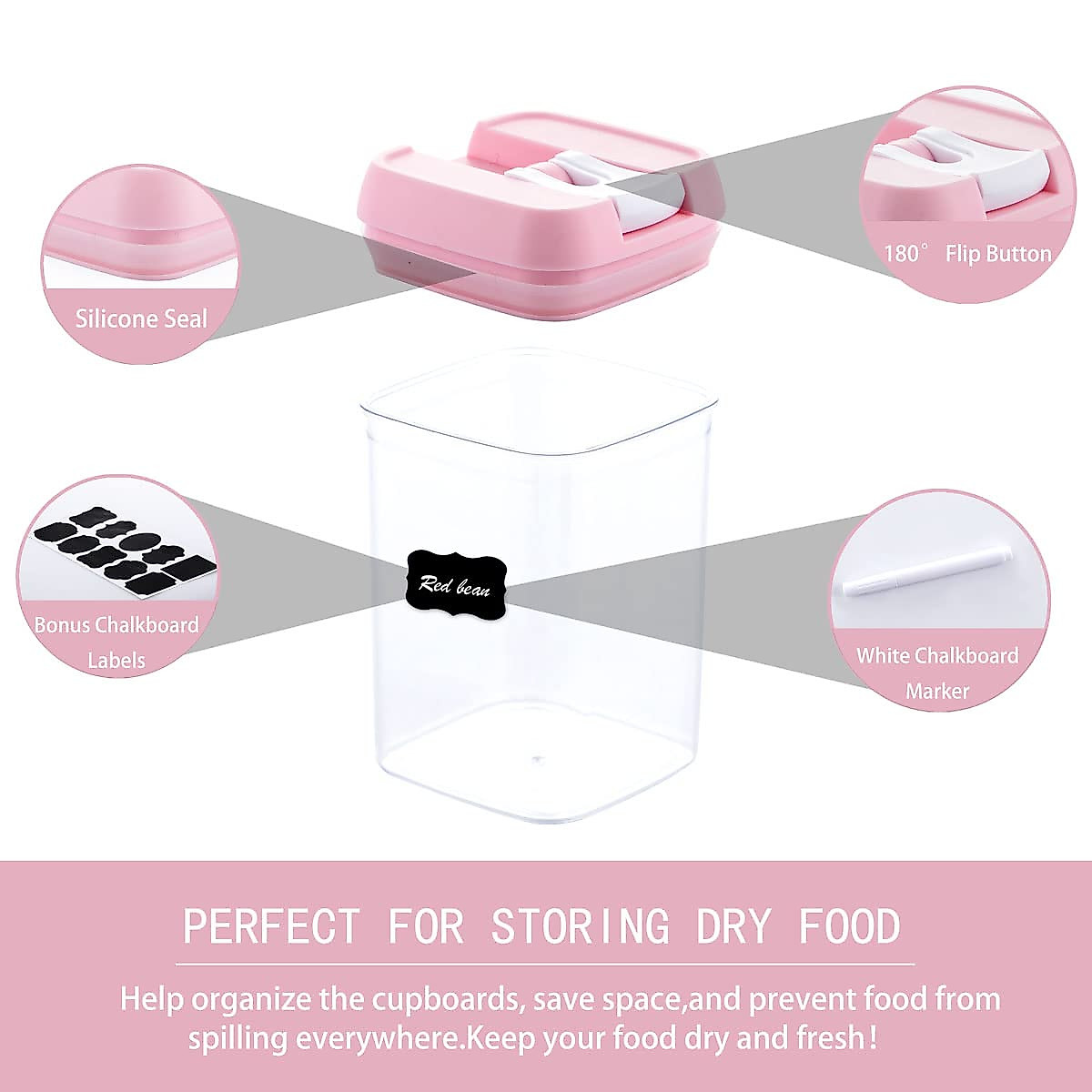 U-QE Airtight Food Storage Container Set-10 Piece BPA Free Clear Plastic Cereal Canisters with Easy Lock Lids-Kitchen & Pantry Organization Containers for Sugar, Flour, Cereal, Labels & Marker(Pink)