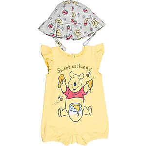 Disney Winnie the Pooh Newborn Baby Girls Snap Romper and Bucket Sun Hat Yellow 3-6 Months