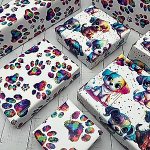 Dtiafu Dog Wrapping Paper - Colorful Paw Wrapping Paper for Boys Girls Kids Birthday Baby Shower Holiday - 20 X 28inch Per Sheet(8 Sheet Folded Flat)