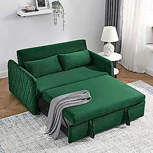 Eafurn 3 in 1 Multi-Functional Convertible Sleeper Sofa Bed, Modern Velvet Loveseat Couch & Sofa with Adjustable Backrest and 2 Pillows Detachable Arm Pockets for Apartment Living Room, 55", Green