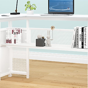 HSH White L Shaped Desk with Drawers Shelves, Large Home Office Corner Computer Desk with Storage File Cabinet, Modern Metal Wood Desk for Executive Writing Study Workstation, 59 Inch Bedroom Table