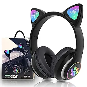 KERHAND Bluetooth Headphones for Kids, Cute Ear Cat Ear LED Light Up Foldable Headphones Stereo Over Ear with Microphone/TF Card Wireless Headphone for iPhone/iPad/Smartphone/Laptop/PC/TV (Black)