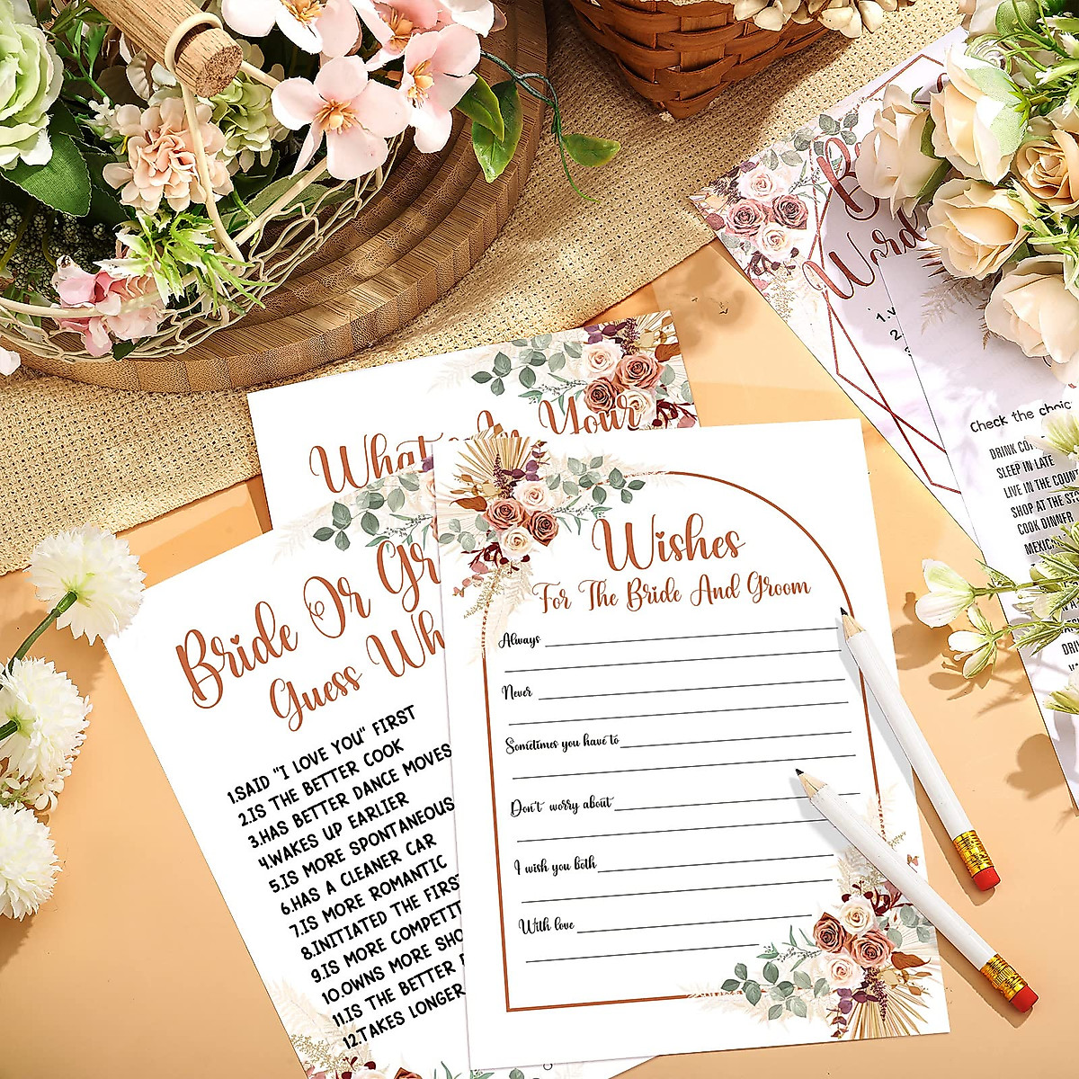 Funtery 220 Pieces Bridal Shower Games Cards Bridal Shower Games Supplies Including Wedding Cards and 20 Pcs Pencils for Bride and Groom Supplies Bachelorette Party Wedding Shower Party Favor (Boho)