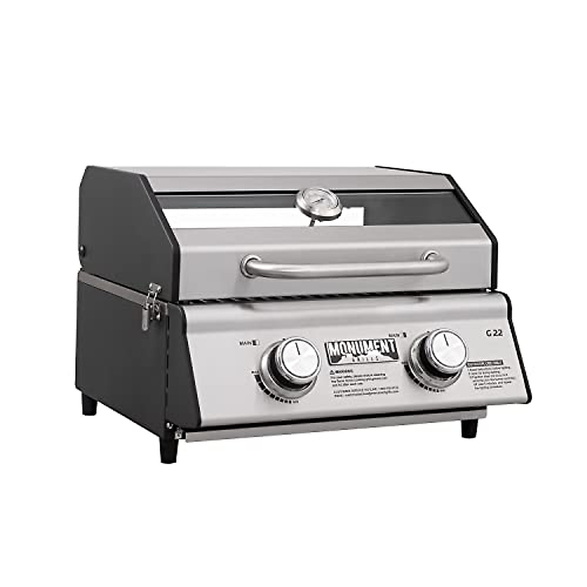 Portable Propane Gas Grill 2-Burner Tabletop Clearview Monument Grills for Outdoor Camping Cooking, Two 15,000 BTU Burners, Stainless Steel, and Built-in Thermometer