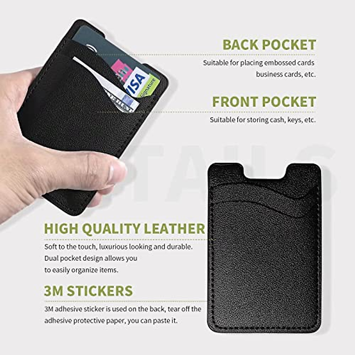 2 Pack Phone Card Holder, Dual Pocket Leather Phone Wallet Stick On, Credit Card Holder for Phone Case, Back of iPhone Samsung Android Smartphones, Black