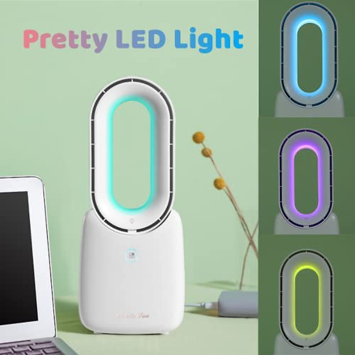 KONSIDEN Desk Fan, Quiet Bladeless Fan with USB Adapter and 5 Colors LED light, 3 Speeds Stylish 11.8 Inch Table Fan, Small Fan with Touch Control for Home Office Bedroom Summer Gift