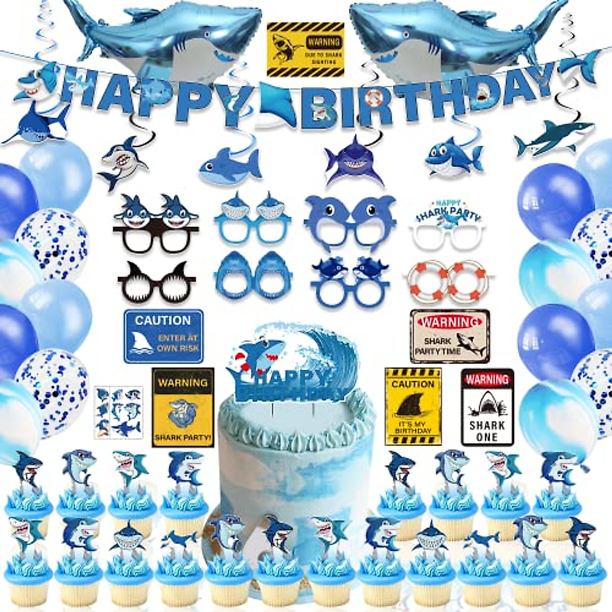 Shark Birthday Party Decorations, Shark Theme Party Supplies for Boys Baby - Banner, Cake, and Cupcake Toppers, Balloons. Hanging Swirl, Shark Glasses, Shark Sign