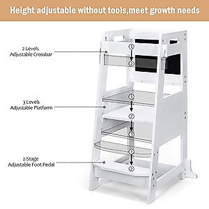 TOETOL Bamboo Toddler Step Stool White Kitchen Counter Learning Helper Standing Tower Ktchen Stool for Toddler 3 Height Adjustable with Chalkboard Message Boards, Small Step Stool, Non-Slip Mat