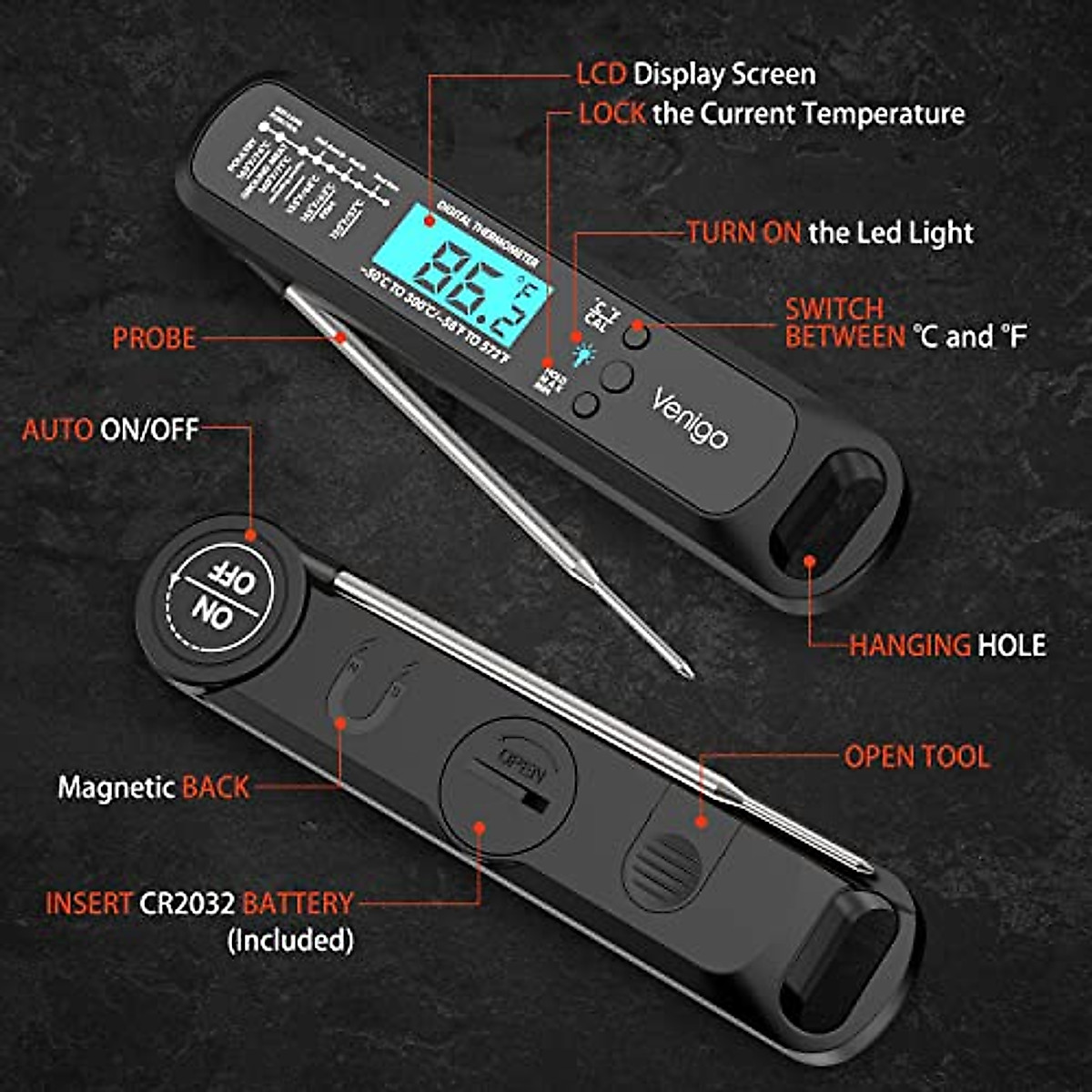Venigo Digital Meat and Food Thermometer for Cooking and Grilling, Waterproof Instant-Read Cooking Thermometer, Kitchen Probe Thermometer for Baking, Roasting, Smoking, Deep Frying (Black)