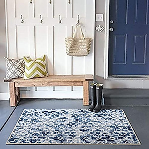YoKii Blue Geometric Distressed Throw Rug Texture 2x3 Faux Wool Modern Abstract Small Fuzzy Area Rug Kitchen Bathroom Mat Rubber Backed Contemporary Quatrefoil Low Pile Indoor Doormat (2x3, Blue)