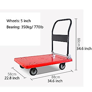 Generic Hand Truck Flatbed Cart Small Platform Truck with Plastic Deck and Metal Handle Folding Trolley Easy Storage and High Load Capacity Red Folding Cart (Size : 770lb-5in Wheels)