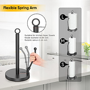 Paper Towel Holder Stainless Steel - One Hand Tear Paper Towel Dispenser Standing Weighted Base Non Slip, Spring Arm, Stainless Steel Paper Towel fits in Kitchen Bathroom Countertop Black