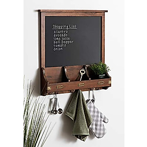 Kate and Laurel Stallard Decorative Rustic Wood Home Organizer with Chalkboard, Pockets, and Key Hooks, Dark Walnut Brown