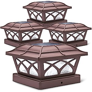SIEDiNLAR Solar Post Cap Lights Outdoor Glass 2 Color Modes 8 LEDs for 4x4 5x5 6x6 Posts Deck Fence Patio Decoration Warm White & Cool White Lighting Brown (4 Pack)