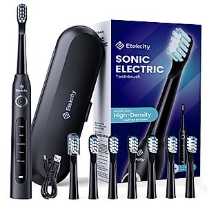 Electric Toothbrush for Adults and Kids, Etekcity Sonic Rechargeable 2 Minutes Smart Timer, 8 Soft High-Density Brush Heads with 5 Modes & Travel Case, Black