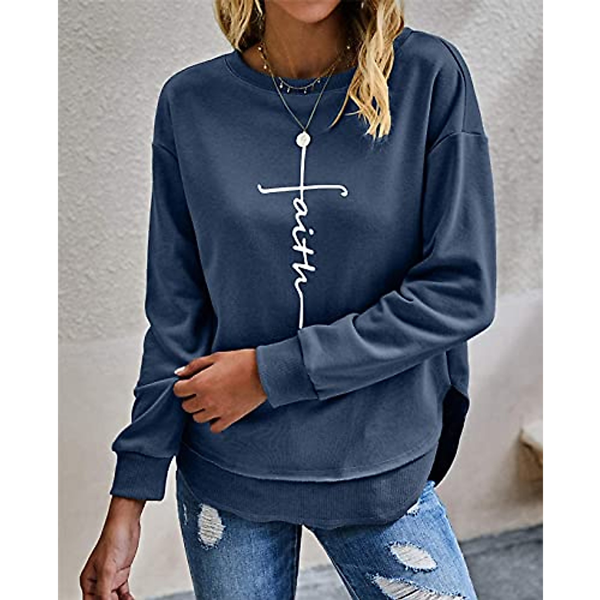 Womens Casual Funny Faith Spirituality Graphic Crewneck Sweatshirt Long Sleeve Loose Pullover Tops Shirts (Navy,Medium,US,Alpha,Medium)
