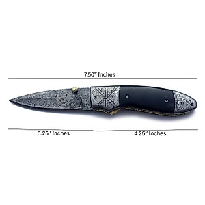 WolfKlinge Handmade Damascus Folding Pocket Bowie Knife For EDC,Hunting,Survival,Camping,Fishing Skinning and Bushcraft with Full Tang Micarta Handel and Cowhide-Leather Sheath For Men and Women - DCF21-25