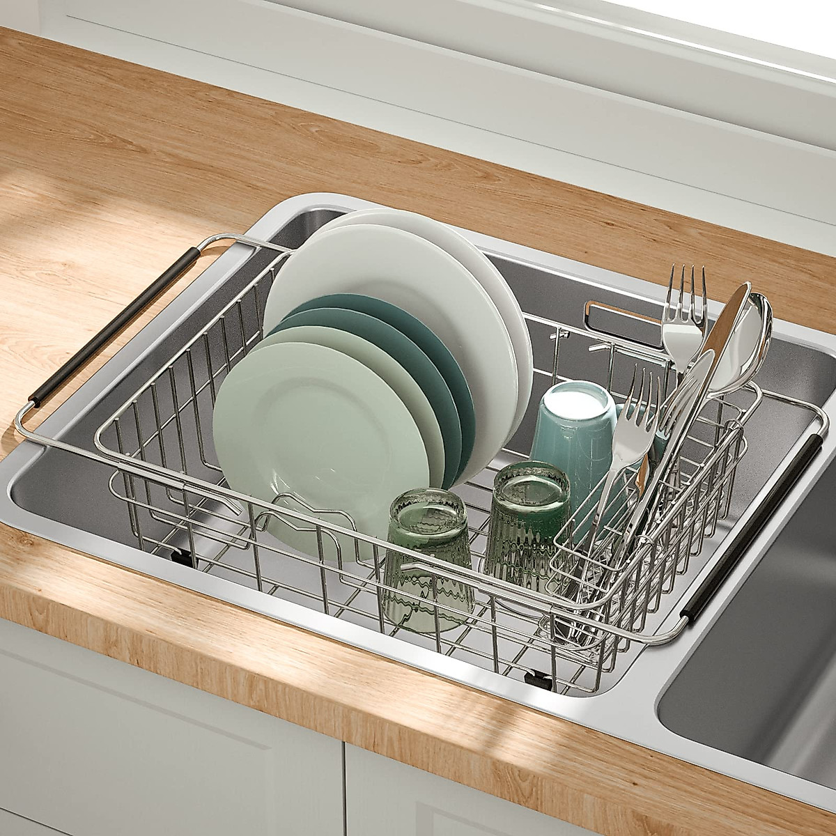 FAWEGO Expandable Sink Dish Drying Rack Adjustable 304 Stainless Steel in Sink Dish Drainer, Rustproof Dish Rack for Sink or Counter top