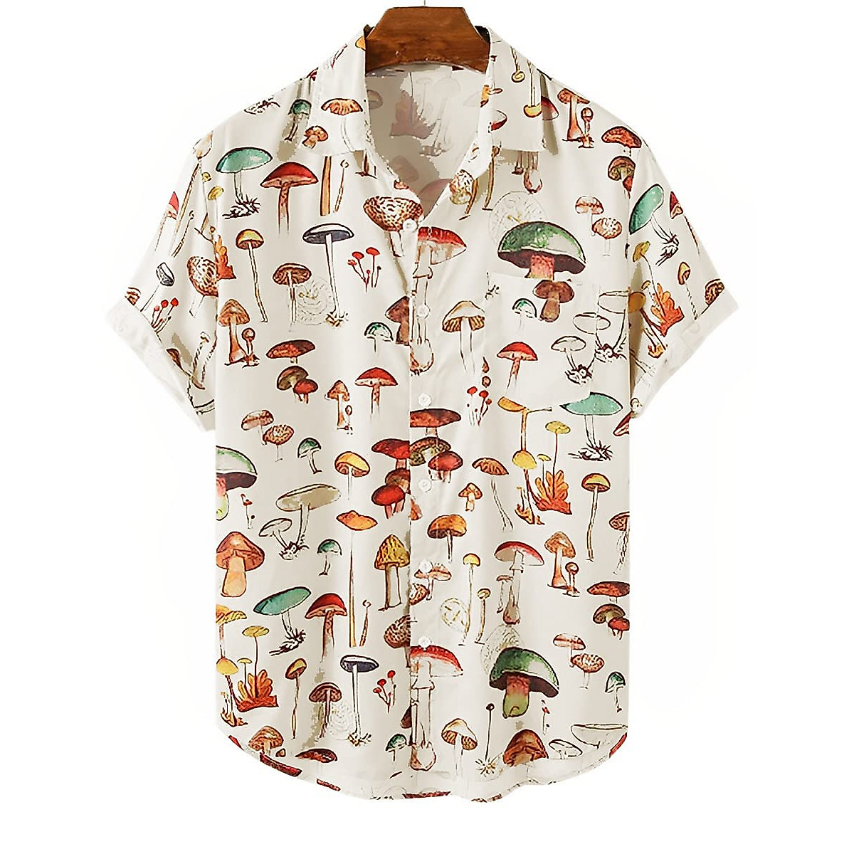 PAODIKUAI Men's Printed Shirt Button Down Short Sleeve Cute Mushroom Hawaiian Shirt (Mushroom Yellow, Small)