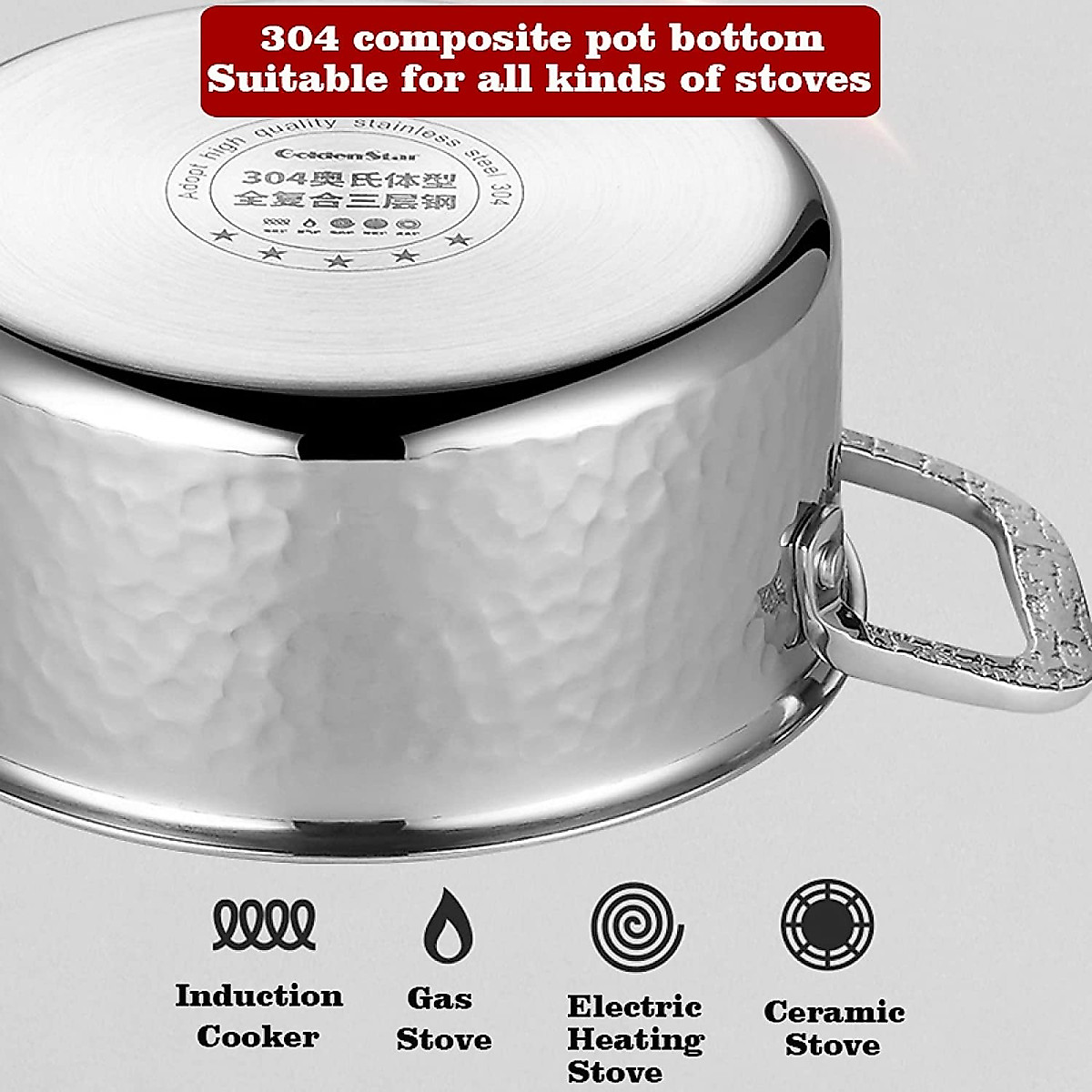 Detachable Hotpot Shabu Hot Pot - Mini Stainless Steel Hammered Chafing Dish w/Stand - Personal Stock Pot Cookware