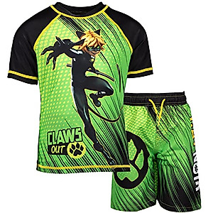 Miraculous Cat Noir Little Boys Pullover Swim Rash Guard Swim Trunks Green 5