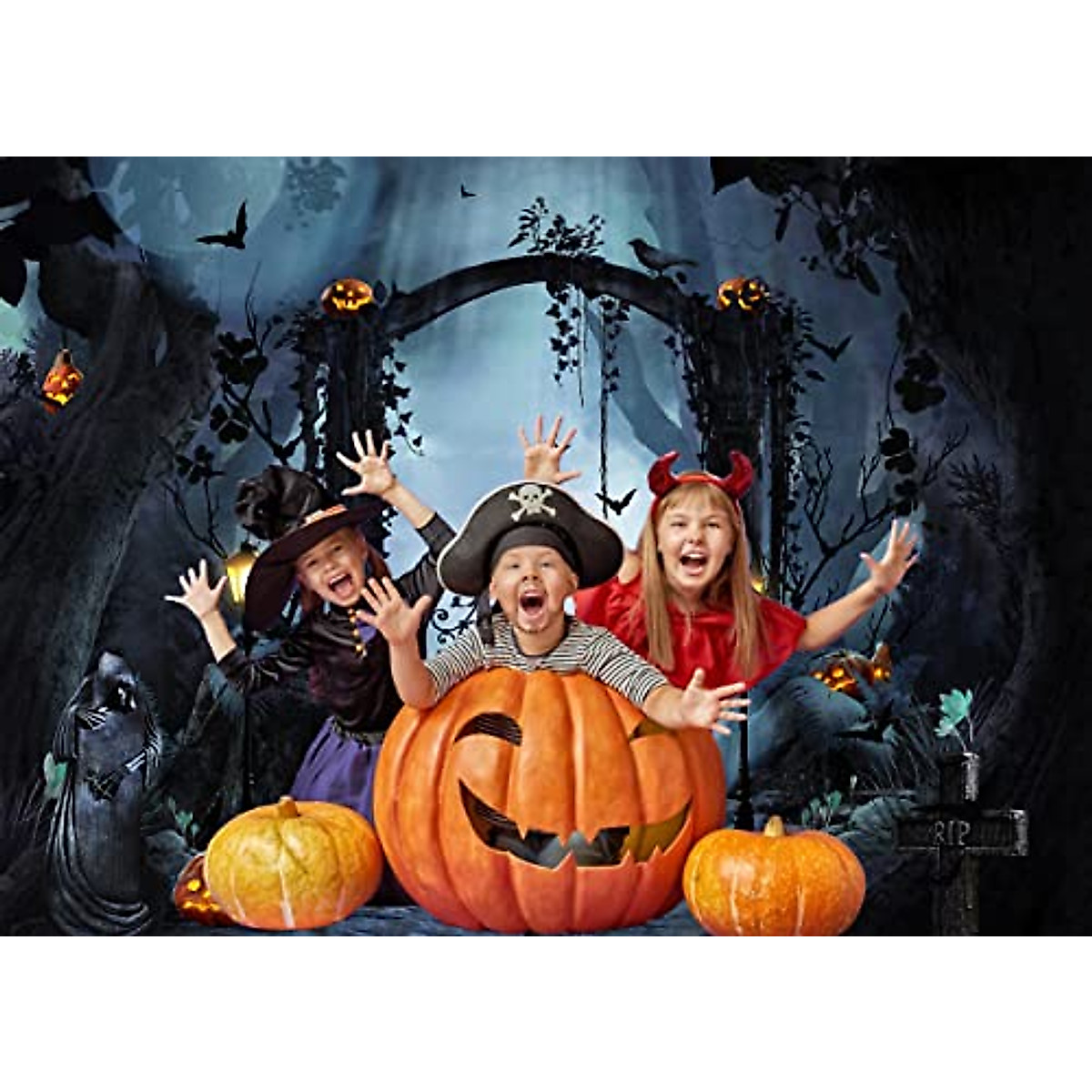 LYCGS 7X5FT Halloween Backdrop Horror Forest Night Halloween Backdrop for Photography Scary Pumpkin Lantern Tombstone Skull Photography Background Costume Ball Halloween Carnival Background X-58