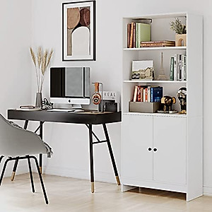 SHUANGZ 3 Tier Bookcase with Doors, 27.5 x 11.8 x 65.7 Inch Storage Organizer Cabinet with 3 Open Shelves, Tall Book Shelf Free Standing Floor Cabinet for Home Office, White