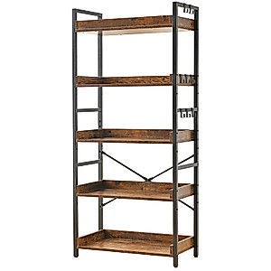 HCHQHS Bookshelf Adjustable 5 Tier Open Bookcase,Rustic Farmhouse Book Shelves, Industrial Wood and Black Metal Bookshelves,Mid Century Bookcase for Home Office Living Room Bedroom (Rustic, 5 Tier)