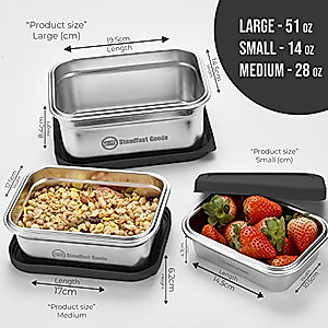 Stainless Steel Containers with Lids for Food Storage – Set of 3 Stackable Stainless Steel Snack Containers for kids – Leakproof Rectangle Bento Boxes for Meal Prep, Snacks, Black