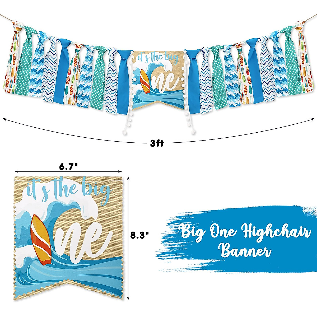 Vansolinne The Big One Highchair Banner 1st Birthday Boy Summer Beach Surf Birthday Party Decoration Baby First Blue Topper Cake Smash Party Decor Supplies Cute Photo Props Crown