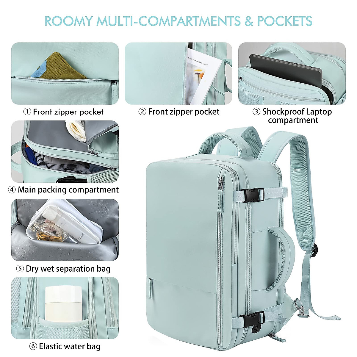 Beraliy Large Travel Backpack for Women Airline Approved, Carry On Backpack,17.3 Inch Laptop Backpack, Personal Item Bag Casual Daypack Backpacks,Mint Green