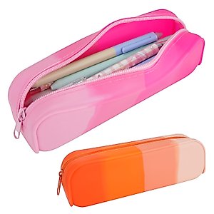 TIE-DailyNec 2 PCS Silicone Pencil Case Pencil Pouch, Colorful Portable Pen Bag Waterproof Stationery Storage Bag with Zipper, Stylish Makeup Bag for Pen Pencils Markers Cosmetic (Pink + Orange)