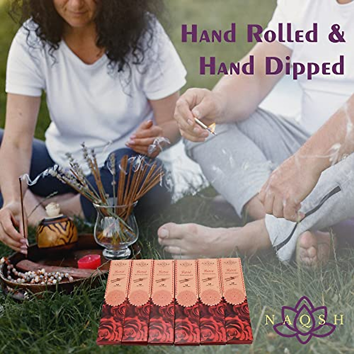 NAQSH Masala Incense Sticks 125gm - 6x20 Pack, Total 120 Sticks 100% Organic Hand Rolled Natural Fragrances with Free Wood Holder for Aromatherapy & Meditation, Yoga, Positivity & Relax (Rose)