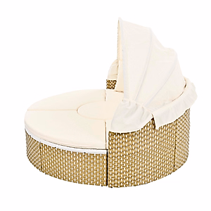 Merax Patio Furniture Round Outdoor Sectional Sofa Set, Rattan Daybed Two-Tone Weave Sunbed with Retractable Canopy, Separate Seating and Removable Cushion, Beige